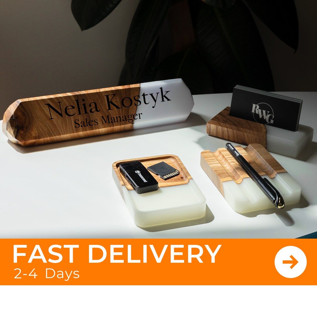 Office Desk Set: NAME PLATE for DESK, Card Holder, Trinket Dish, Pen ...