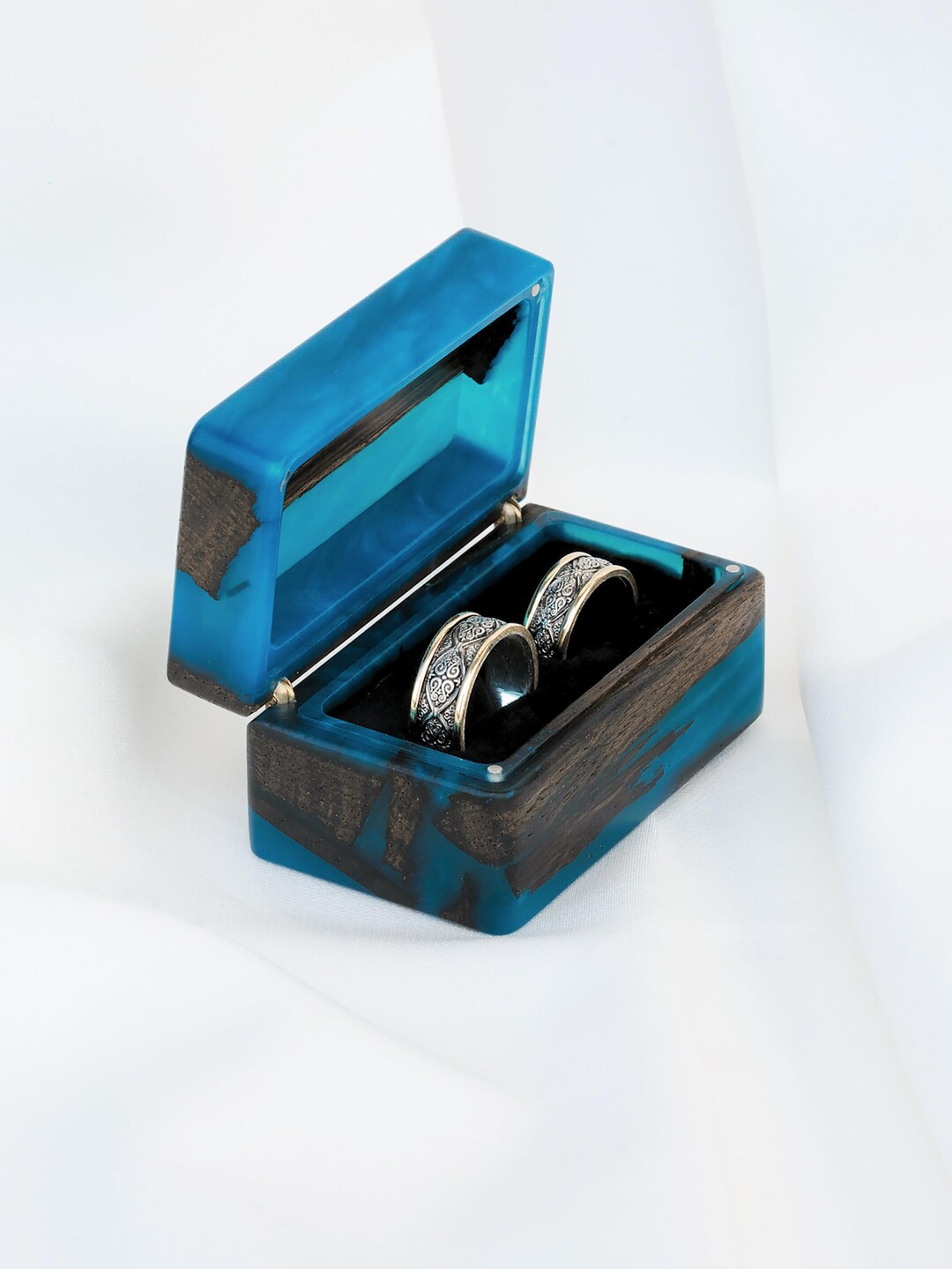 Custom Wood & Epoxy Double Ring Box for Wedding. Engraved Wedding Bands ...