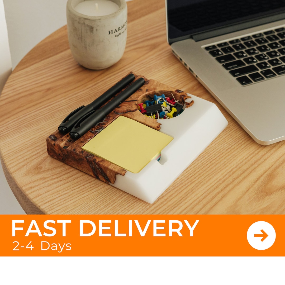 Unique Office Gift: White Resin and Wood Office Desk Accessories. Wood ...
