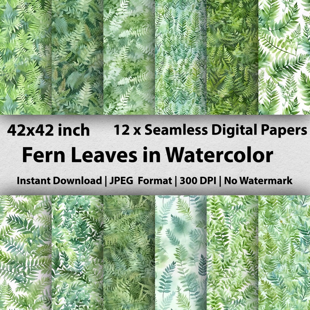 12 Watercolor Green Leaves Papers Vine Leaf Printable Abstract Fern ...