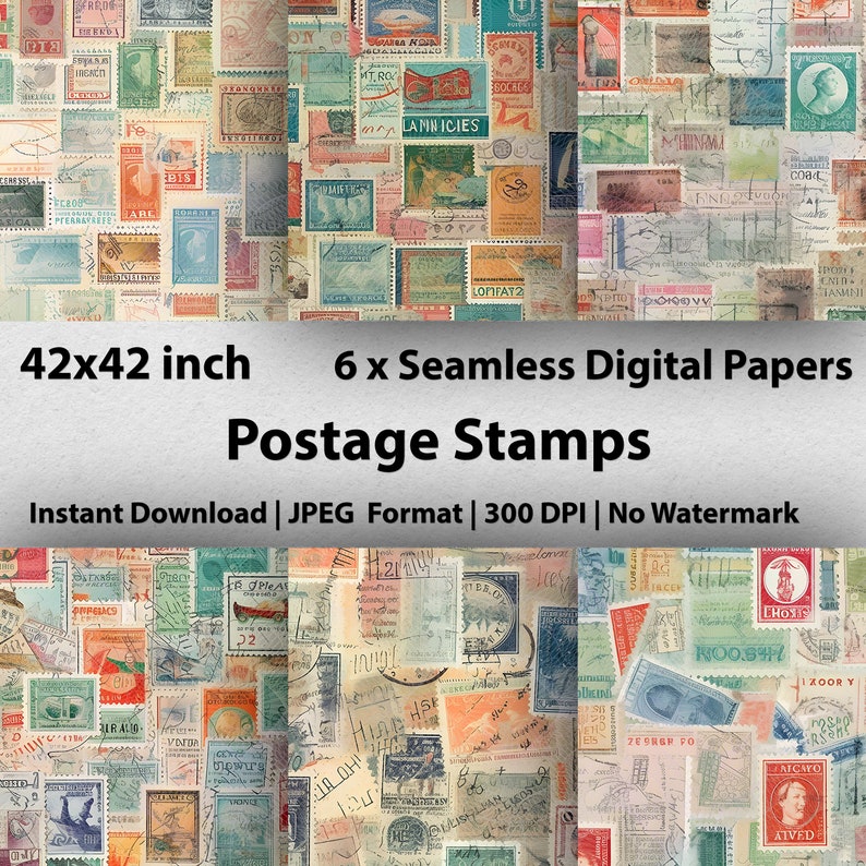 6 Stamps Digital Paper Postage Stamp Patterns Postal Stamps Unique ...