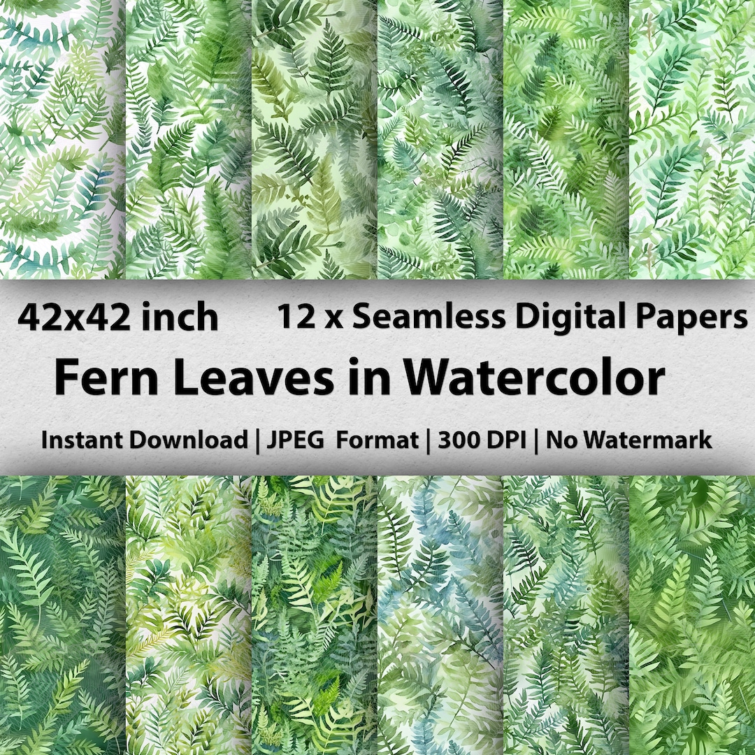 12 Green Ferns Digital Papers Leaf Patterns Printable Vine Leaves ...