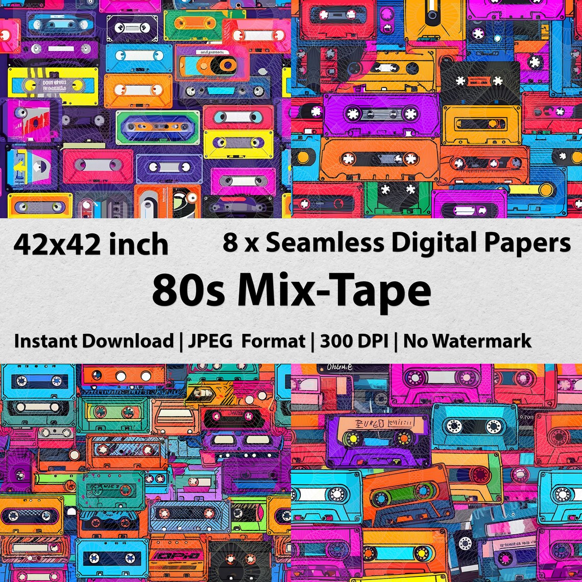 12 Unique Cassette Tape Digital Papers Retro Mixtape Illustrations ...