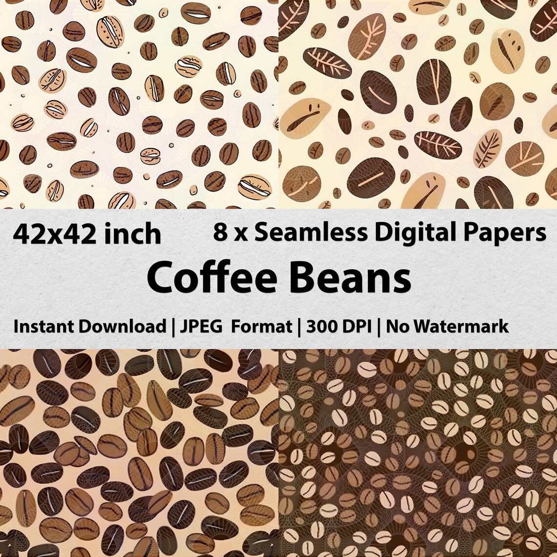 8 Coffee Beans Digital Papers Caffeine Brew Patterns Printable ...