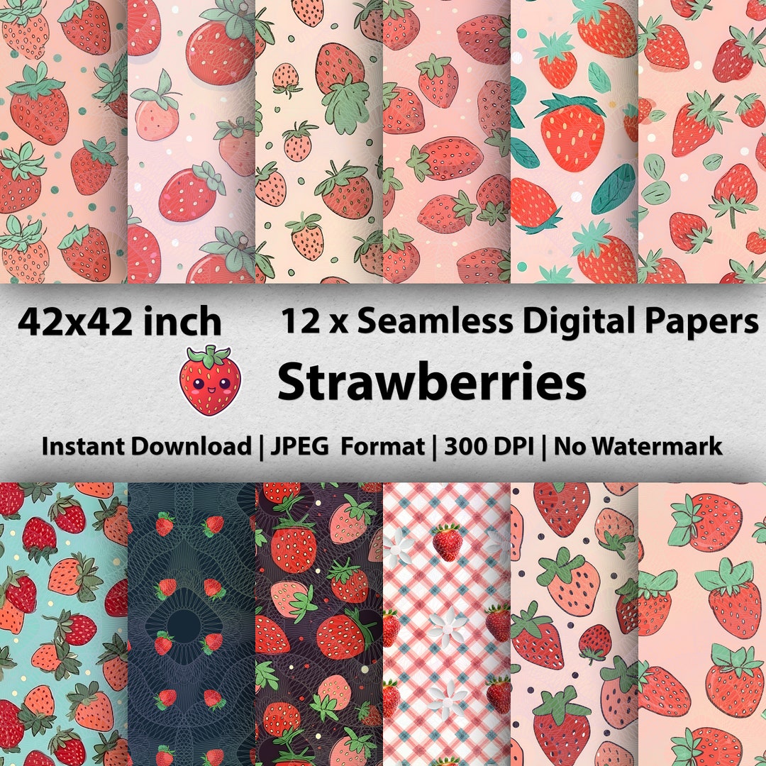 12 Strawberry Repeating Digital Paper Designs, 3D Strawberry Patterns ...