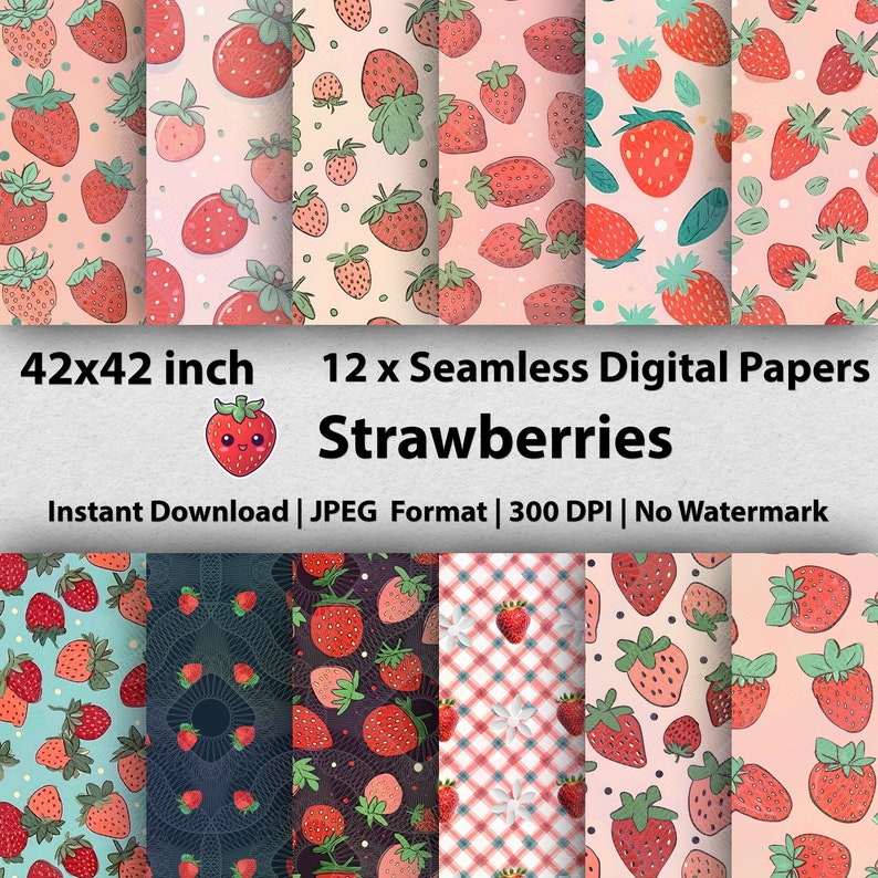 12 Strawberry Repeating Digital Paper Designs, 3D Strawberry Patterns ...