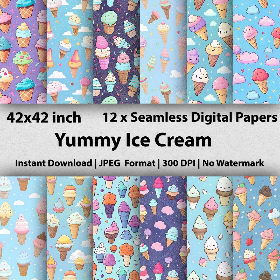 12 Ice Cream Digital Papers Gelato Sorbet Patterns Printable Sundae ...