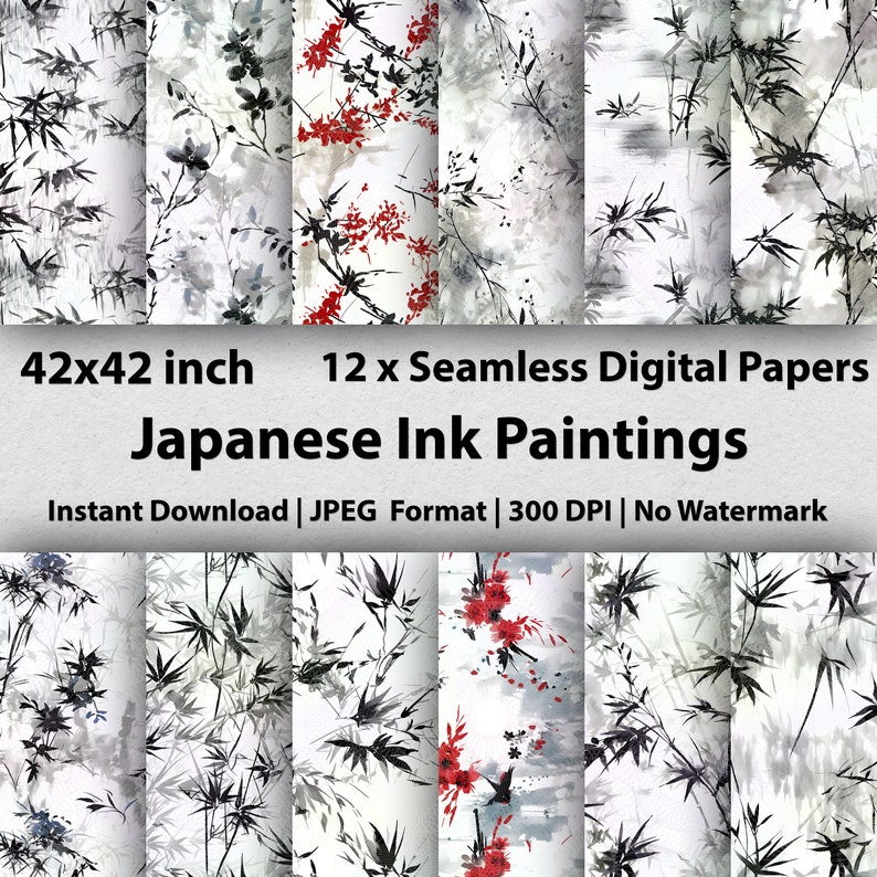 12 Sumi-e Ink Paintings Papers Japanese Inks Printable Ink Paintaings ...