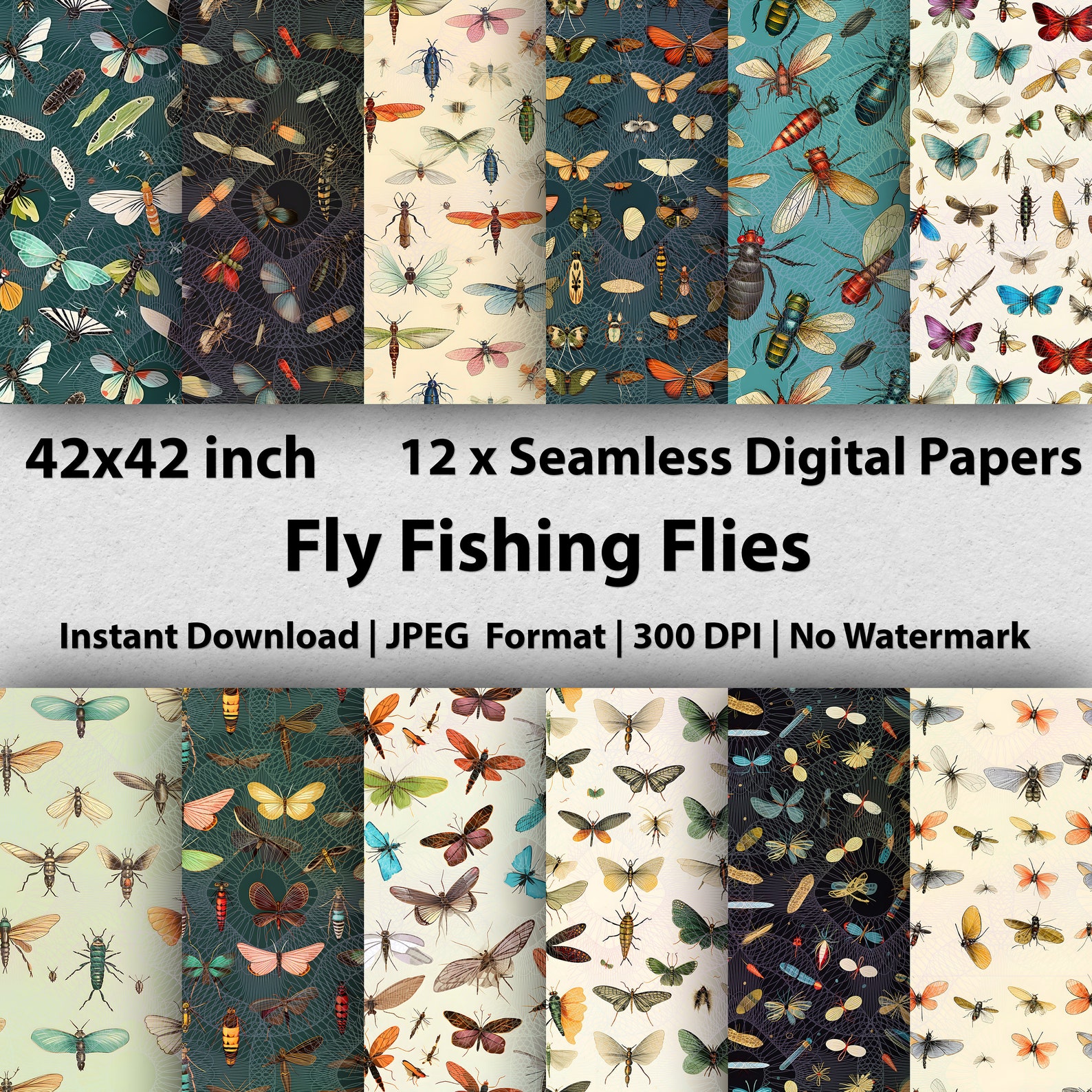 Fly Fishing Seamless Pattern Insects Digital Pattern Moths Paper ...