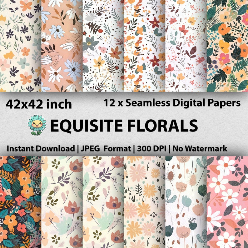 12 Minimalist Floral Digital Paper, Delicate Flower Patterns, Printable ...