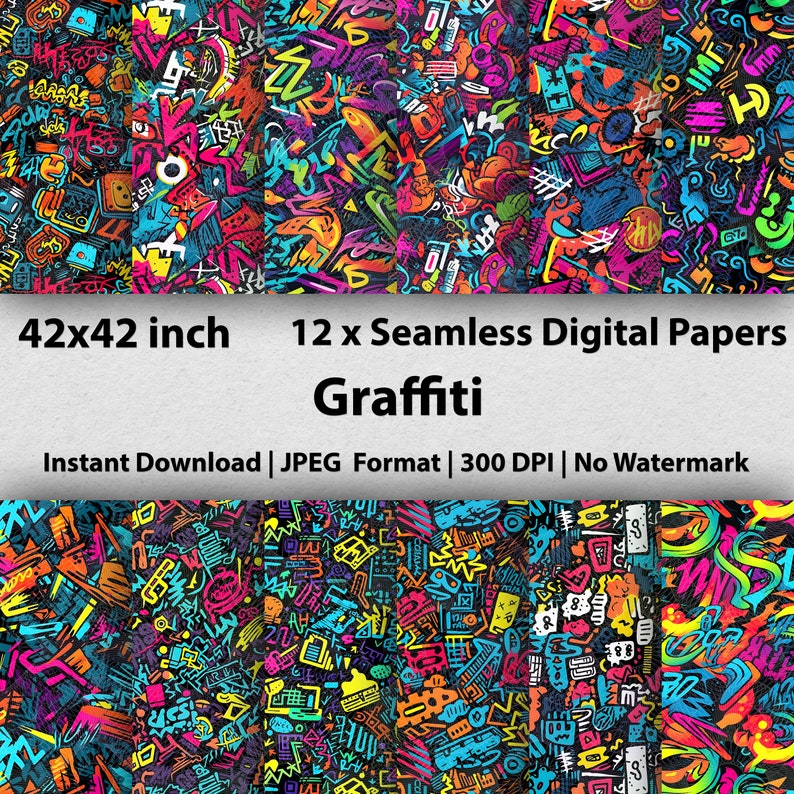 12 Graffiti Digital Paper Doodles Pattern Unique Scribblings Prints for ...