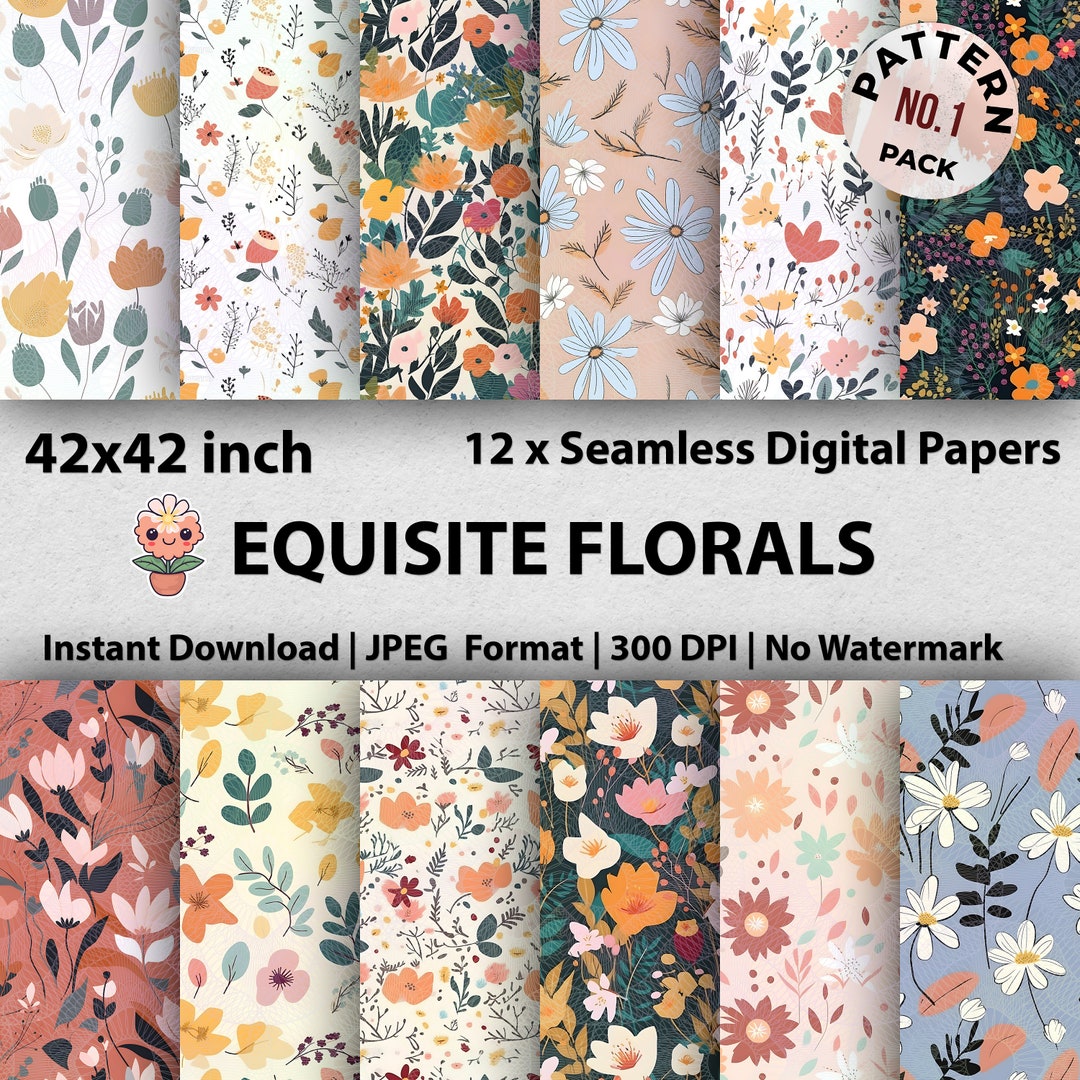12 Minimalist Floral Digital Paper, Delicate Flower Patterns, Printable ...