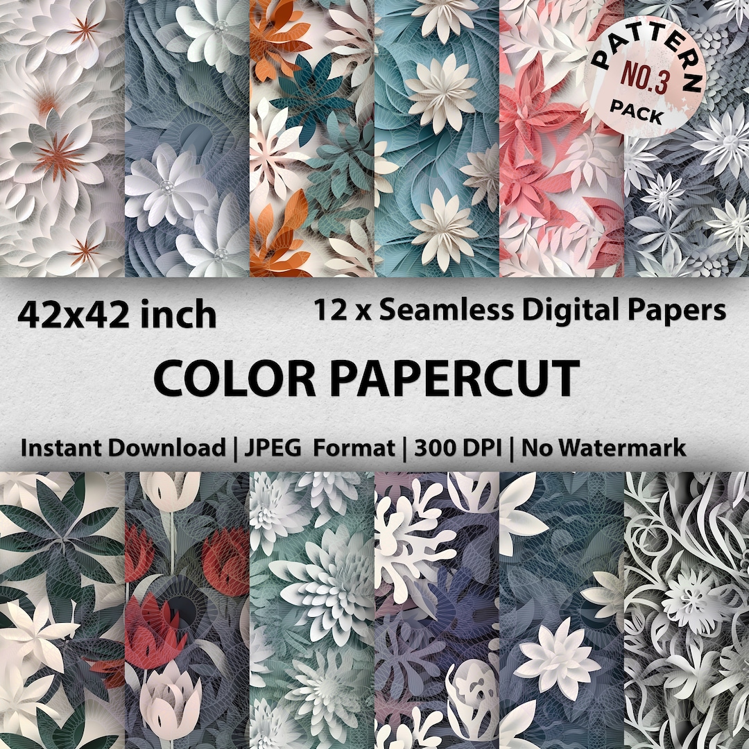 12 Floral Color Papercut Digital Paper, 3D Flower Patterns, Printable ...