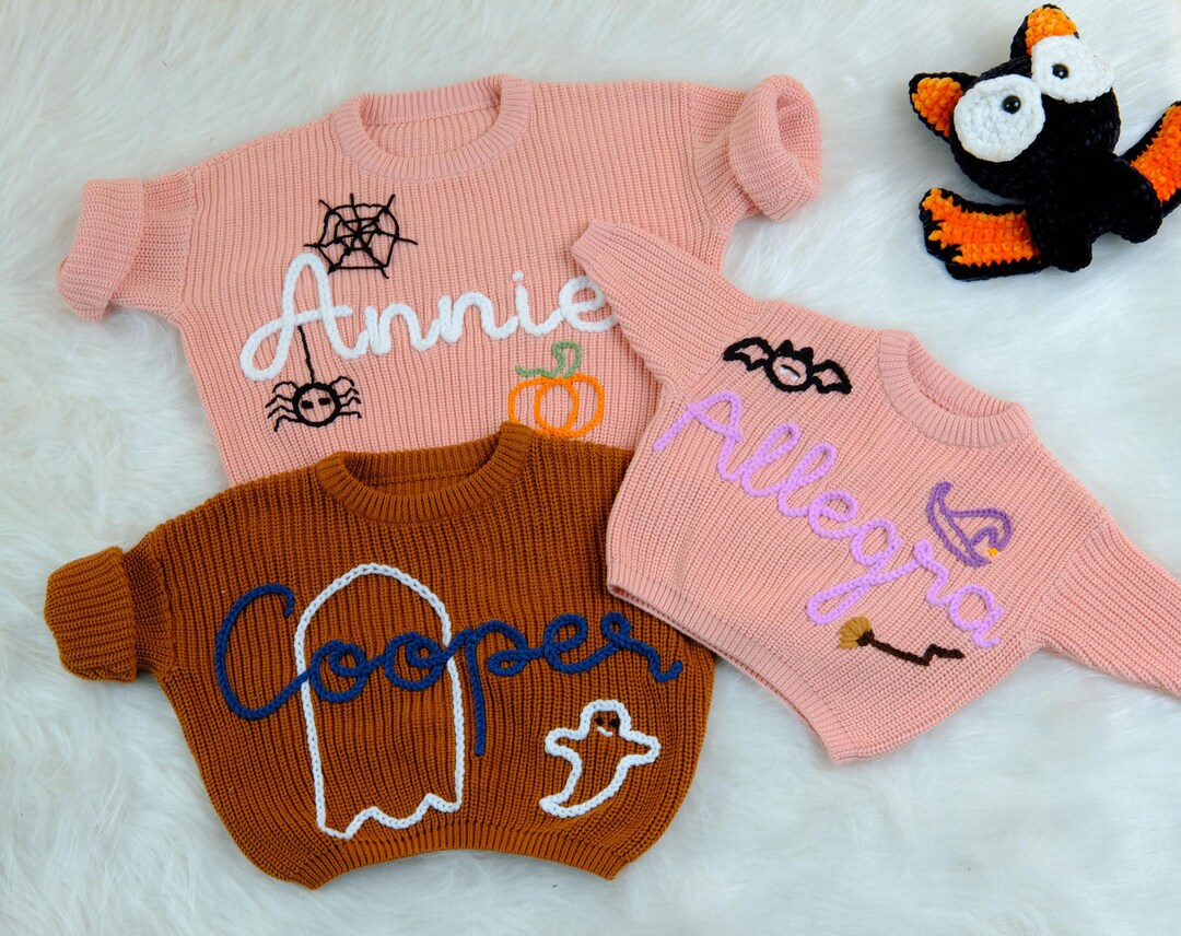 Personalized Hand Embroidered Halloween Kid Sweater, Kid Halloween ...