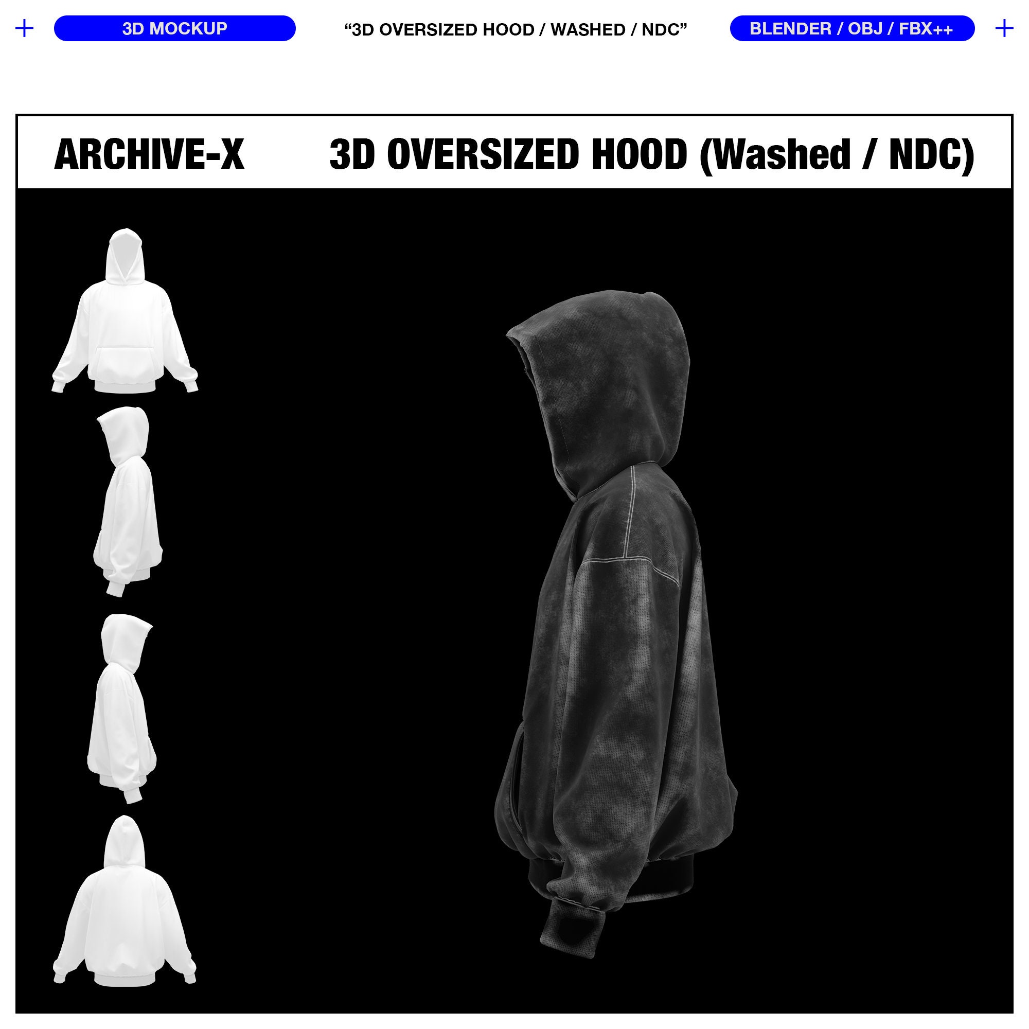 WASHED OVERSIZED HOOD (no Drawcord) 3D Mockup for Blender, Digital ...