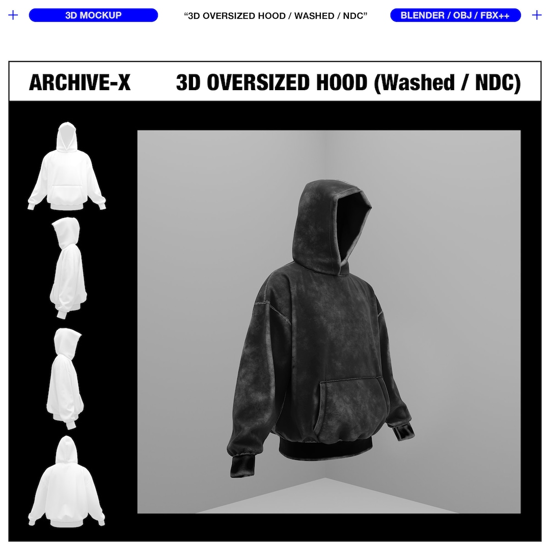 WASHED OVERSIZED HOOD (no Drawcord) 3D Mockup for Blender, Digital ...