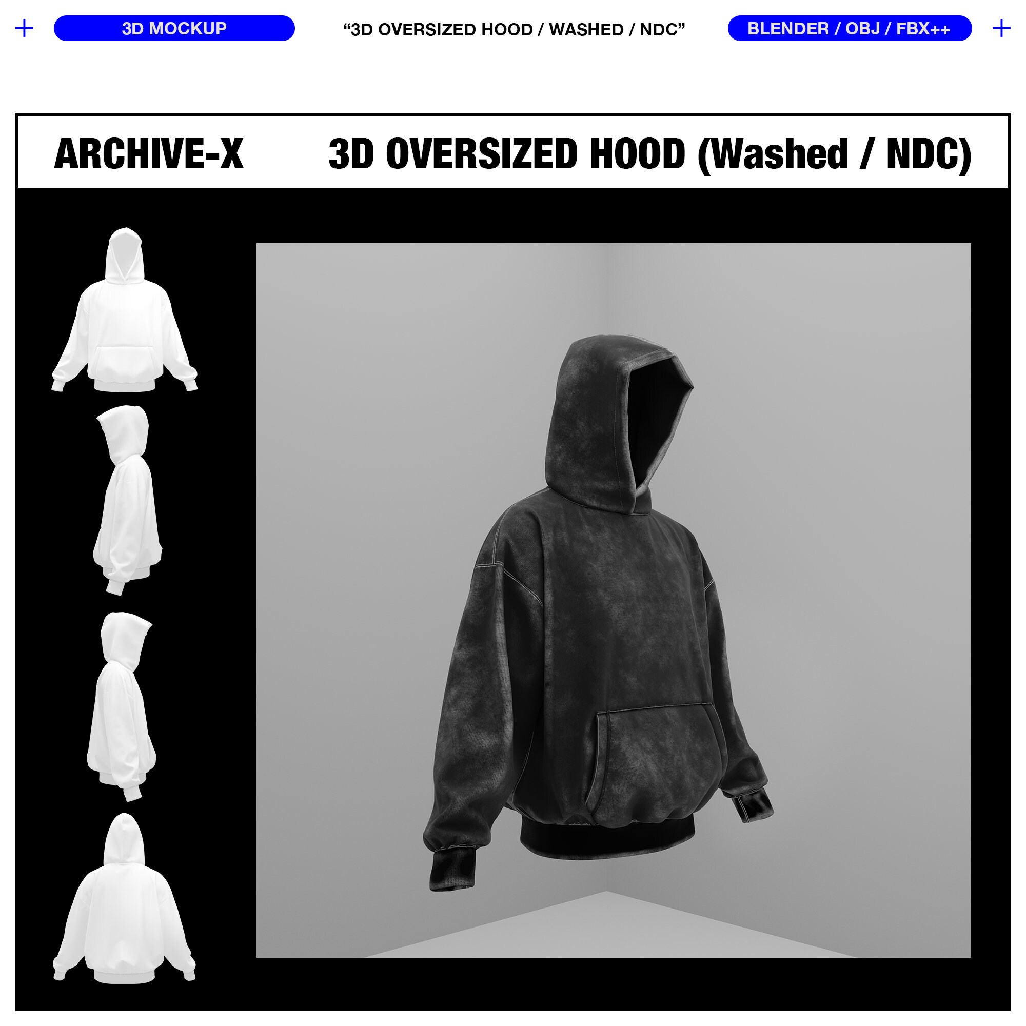 WASHED OVERSIZED HOOD (no Drawcord) 3D Mockup for Blender, Digital ...