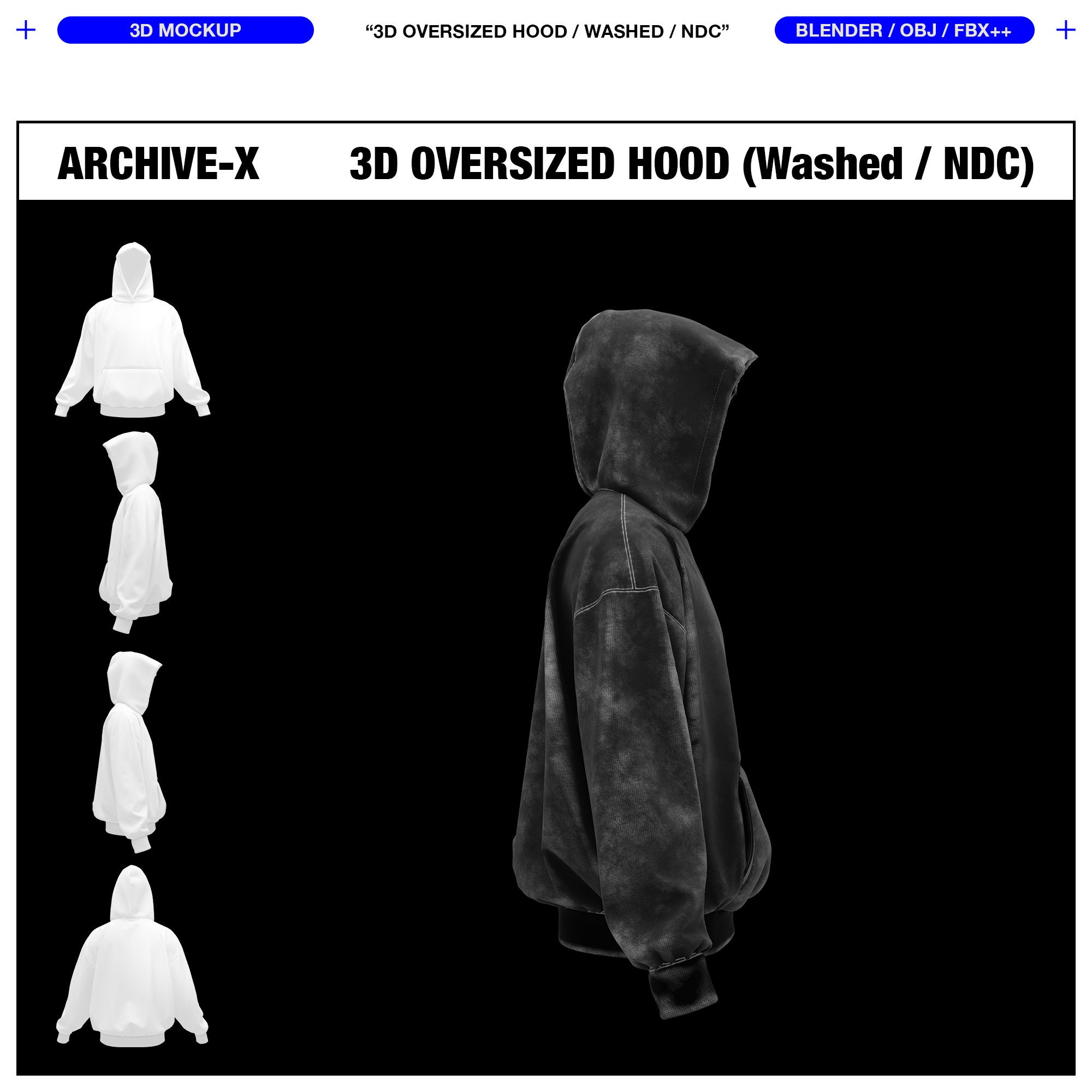 WASHED OVERSIZED HOOD (no Drawcord) 3D Mockup for Blender, Digital ...