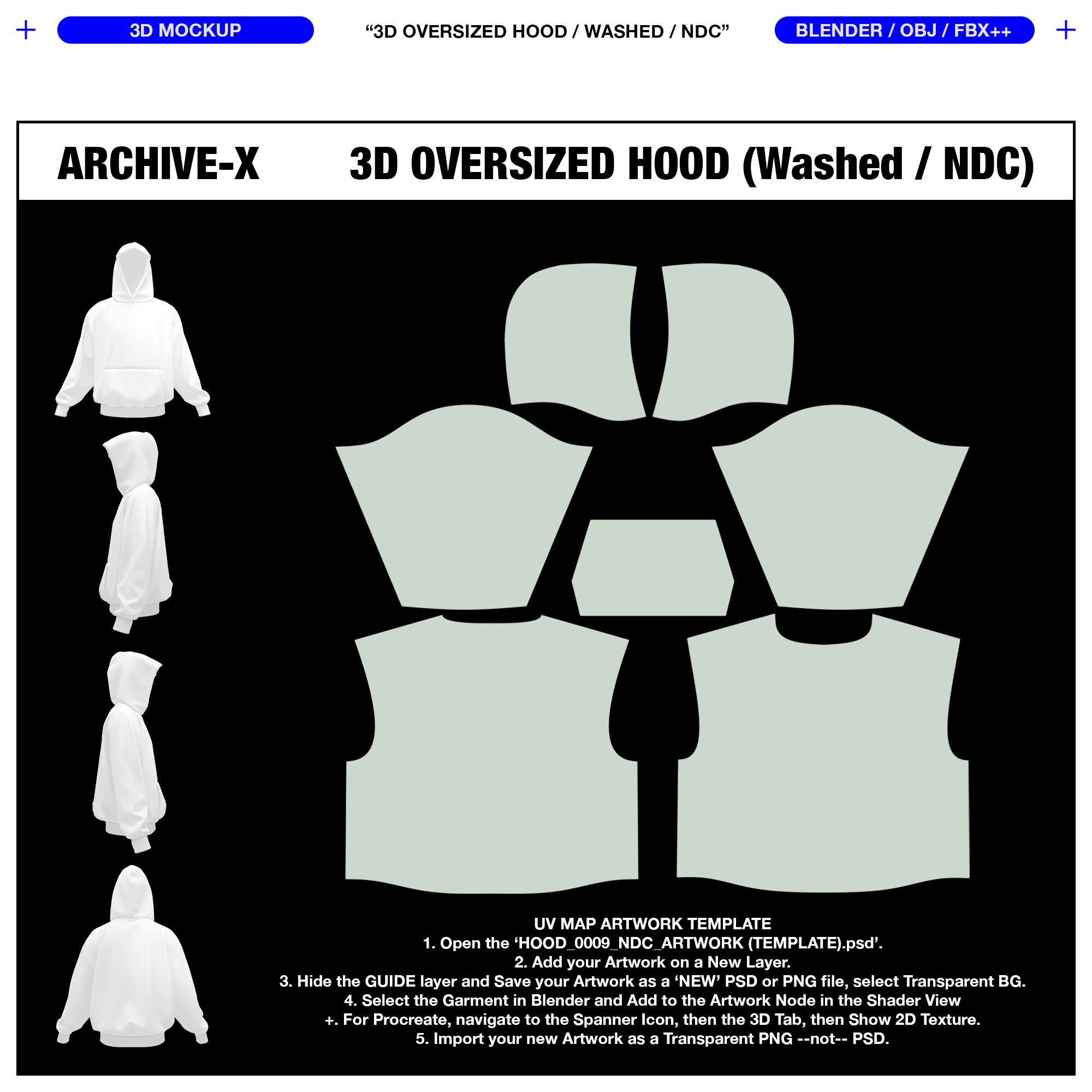 WASHED OVERSIZED HOOD (no Drawcord) 3D Mockup for Blender, Digital ...