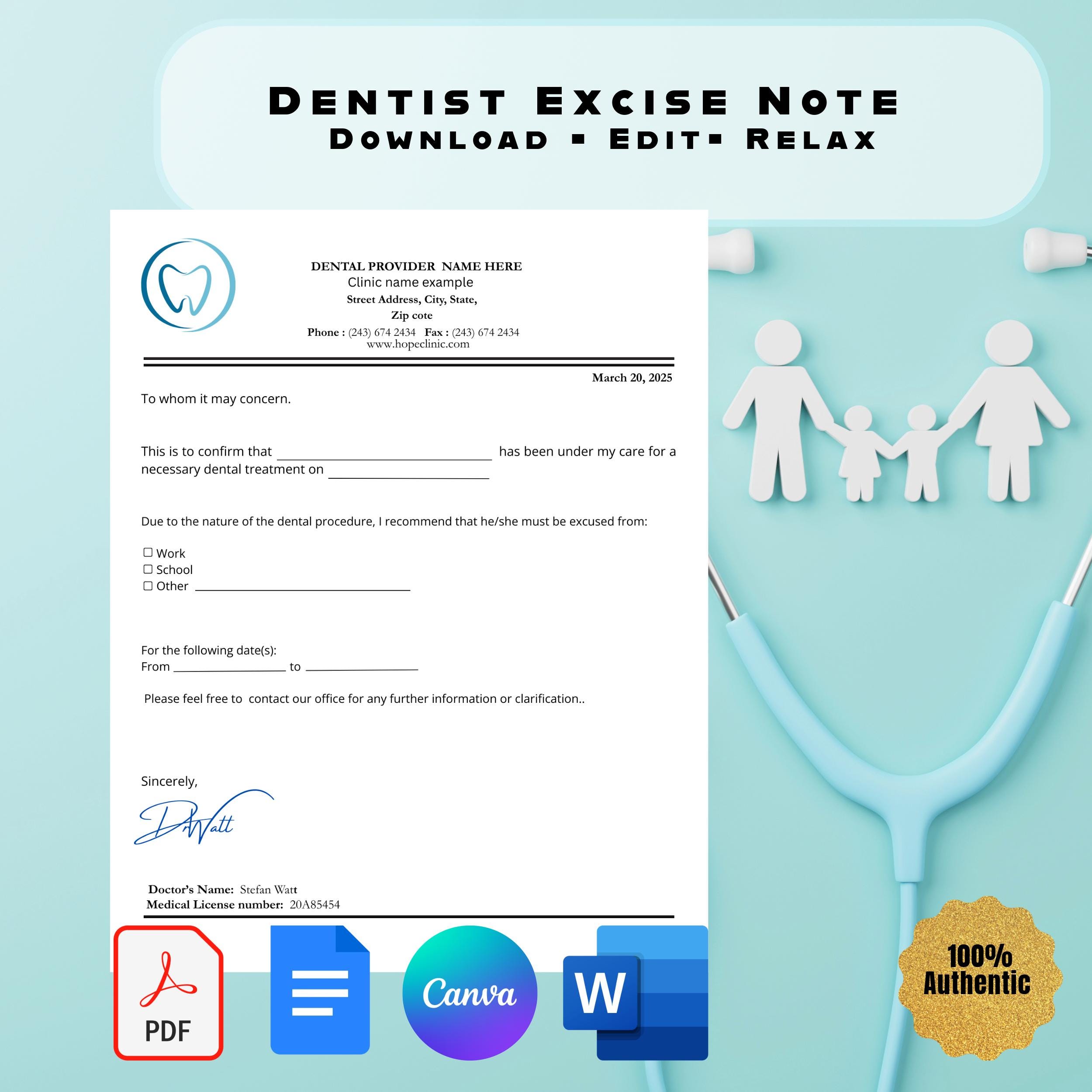 Dentist Doctor Note, Editable Template for Work or School, Medical ...