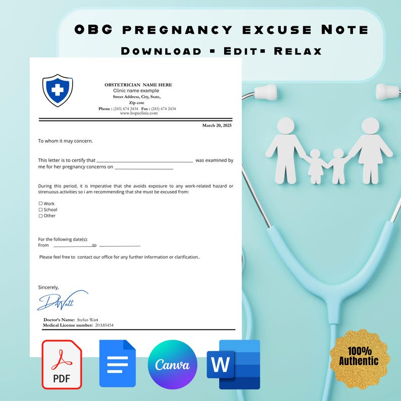 Dentist Note for Work, Editable Doctor's Note Template, Medical Excuse ...