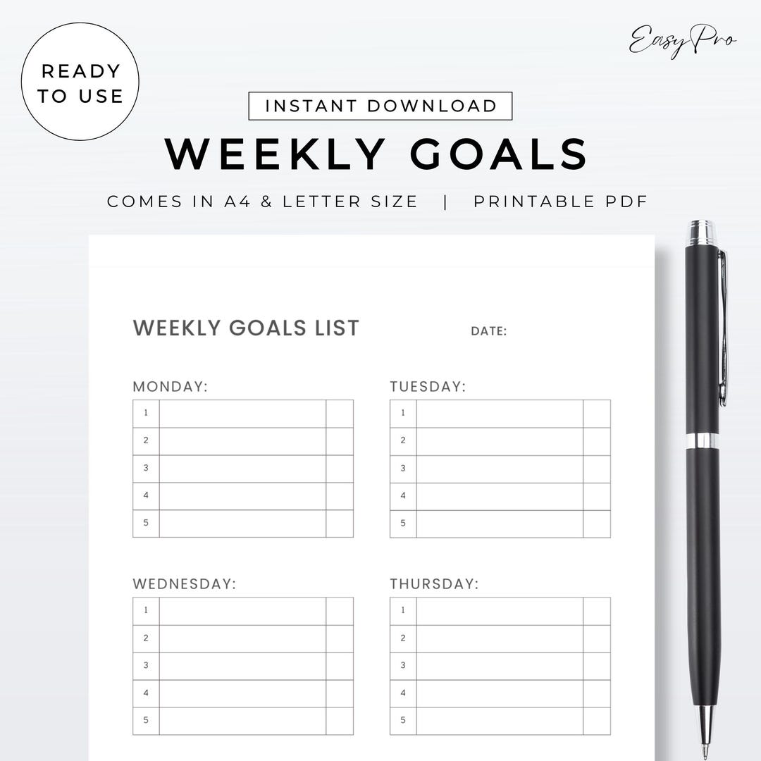 Weekly Goals List Planning Worksheet | Printable Goal Planner Organiser ...