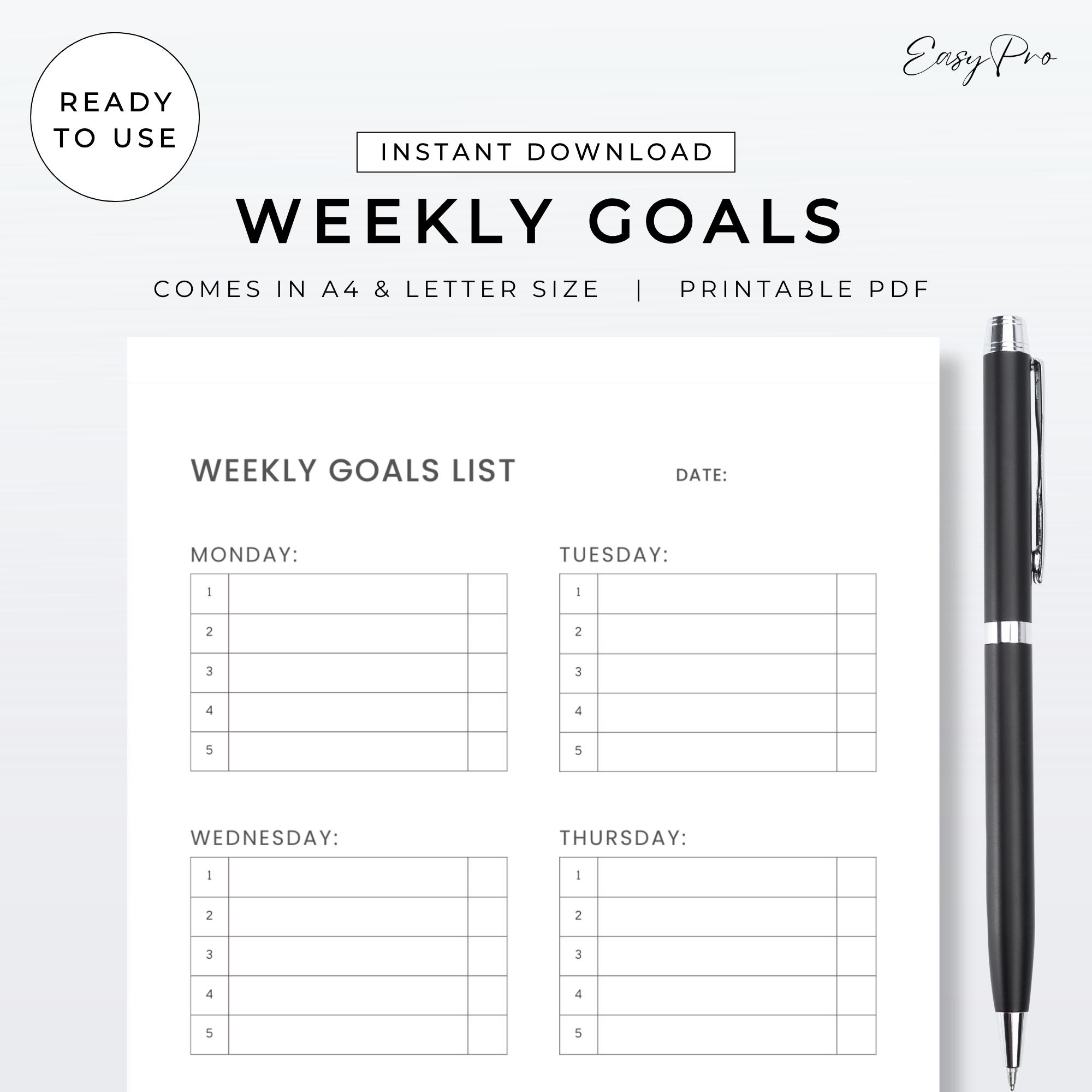 Weekly Goals List Planning Worksheet | Printable Goal Planner Organiser ...
