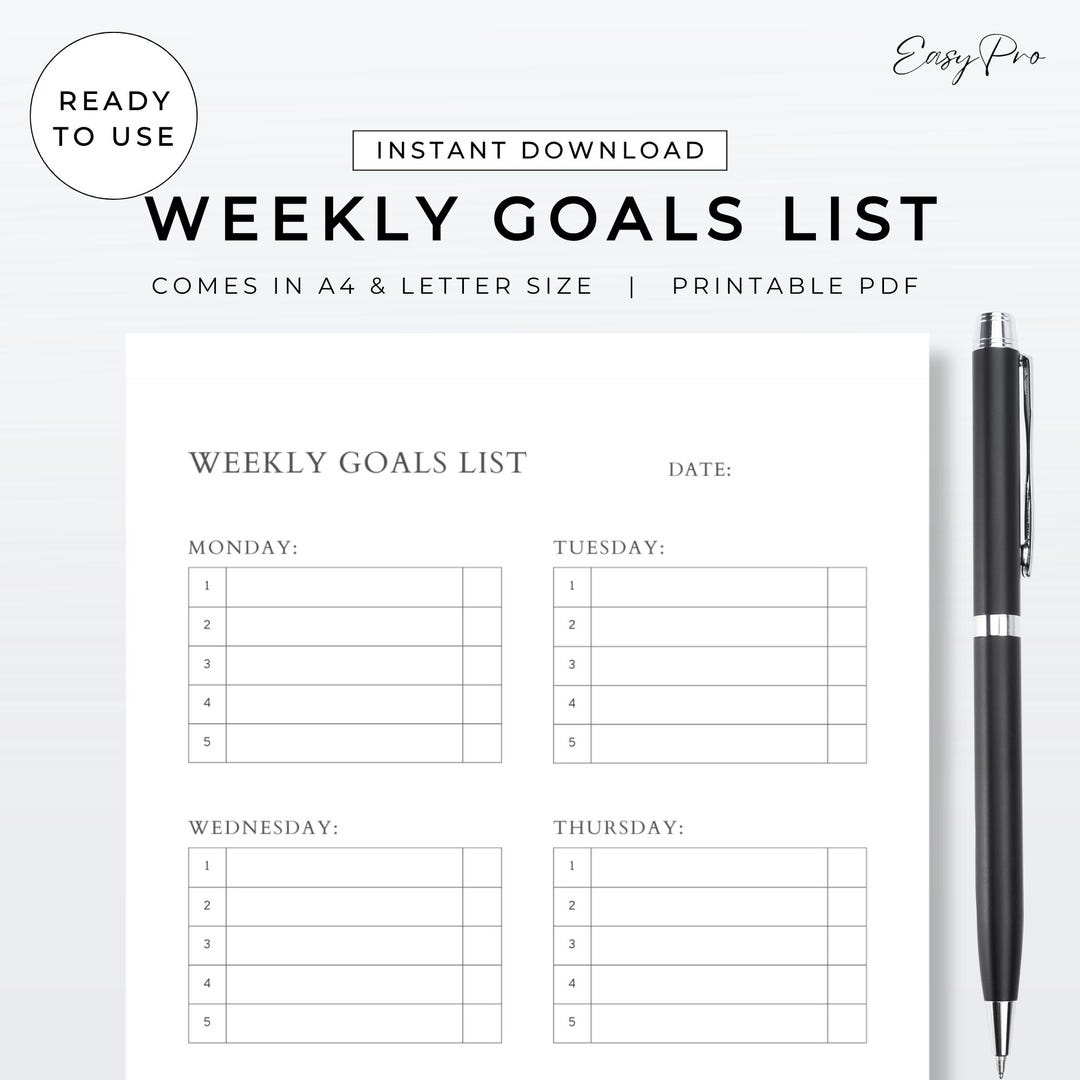 Weekly Goals List Planning Worksheet | Printable Goal Planner Organiser ...