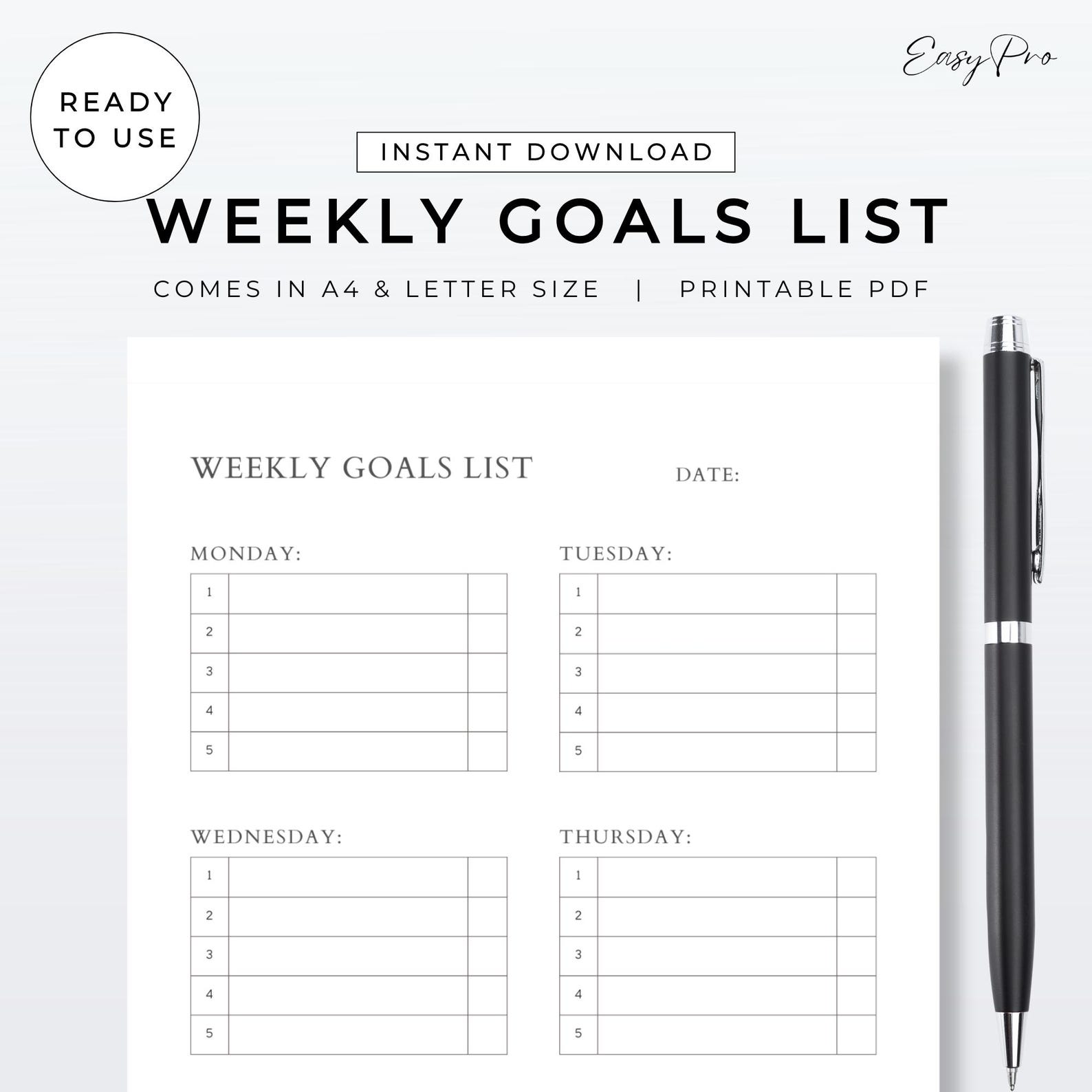 Weekly Goals List Planning Worksheet | Printable Goal Planner Organiser ...