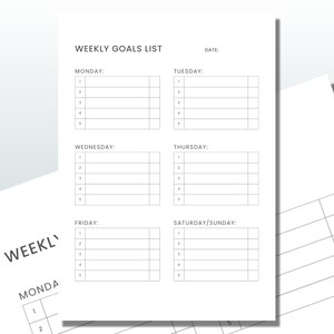 Weekly Goals List Planning Worksheet Printable Goal Planner Organiser ...
