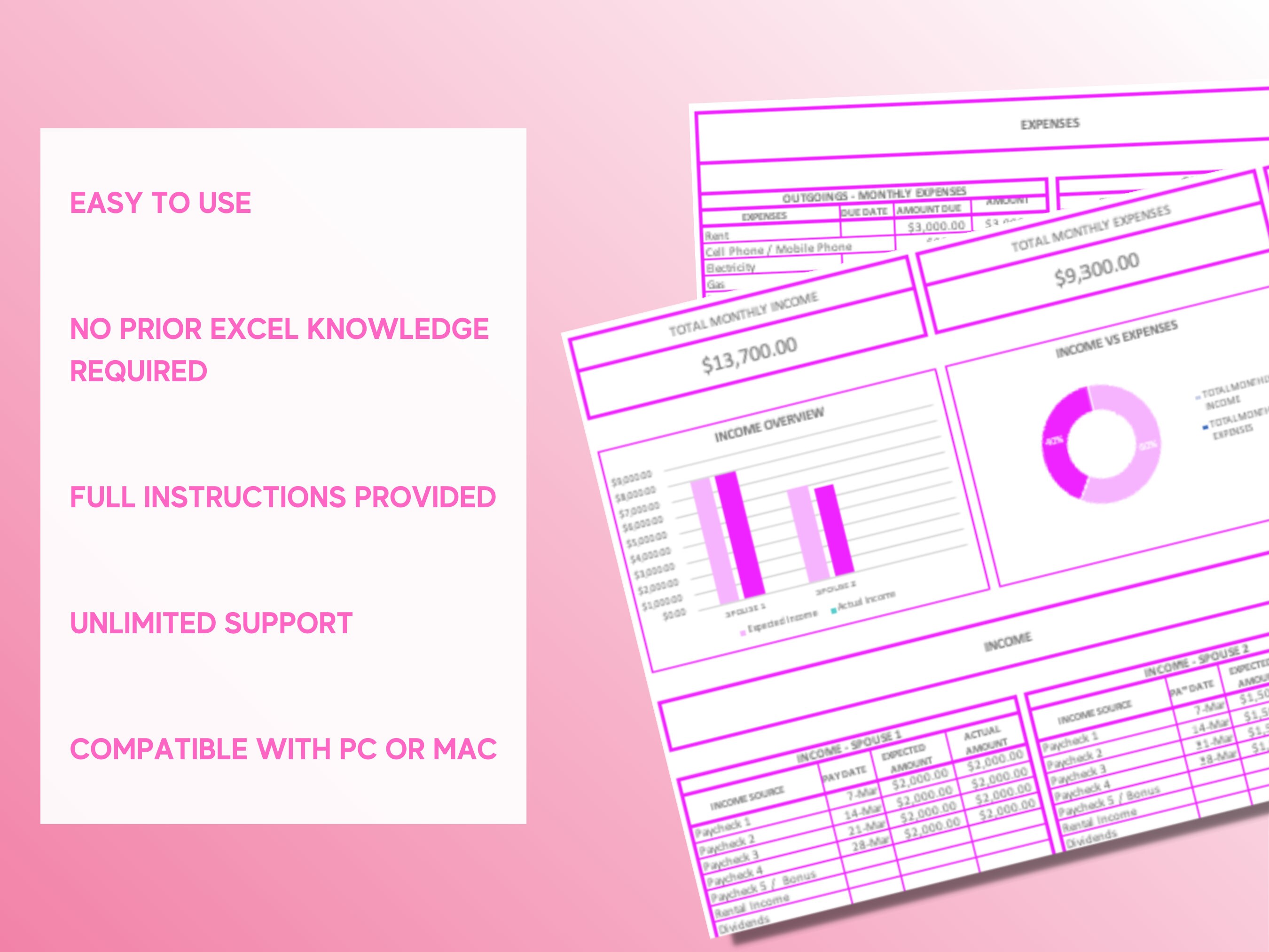 Monthly Budget Planner Spreadsheet Pink Easy Ready to Use Template ...