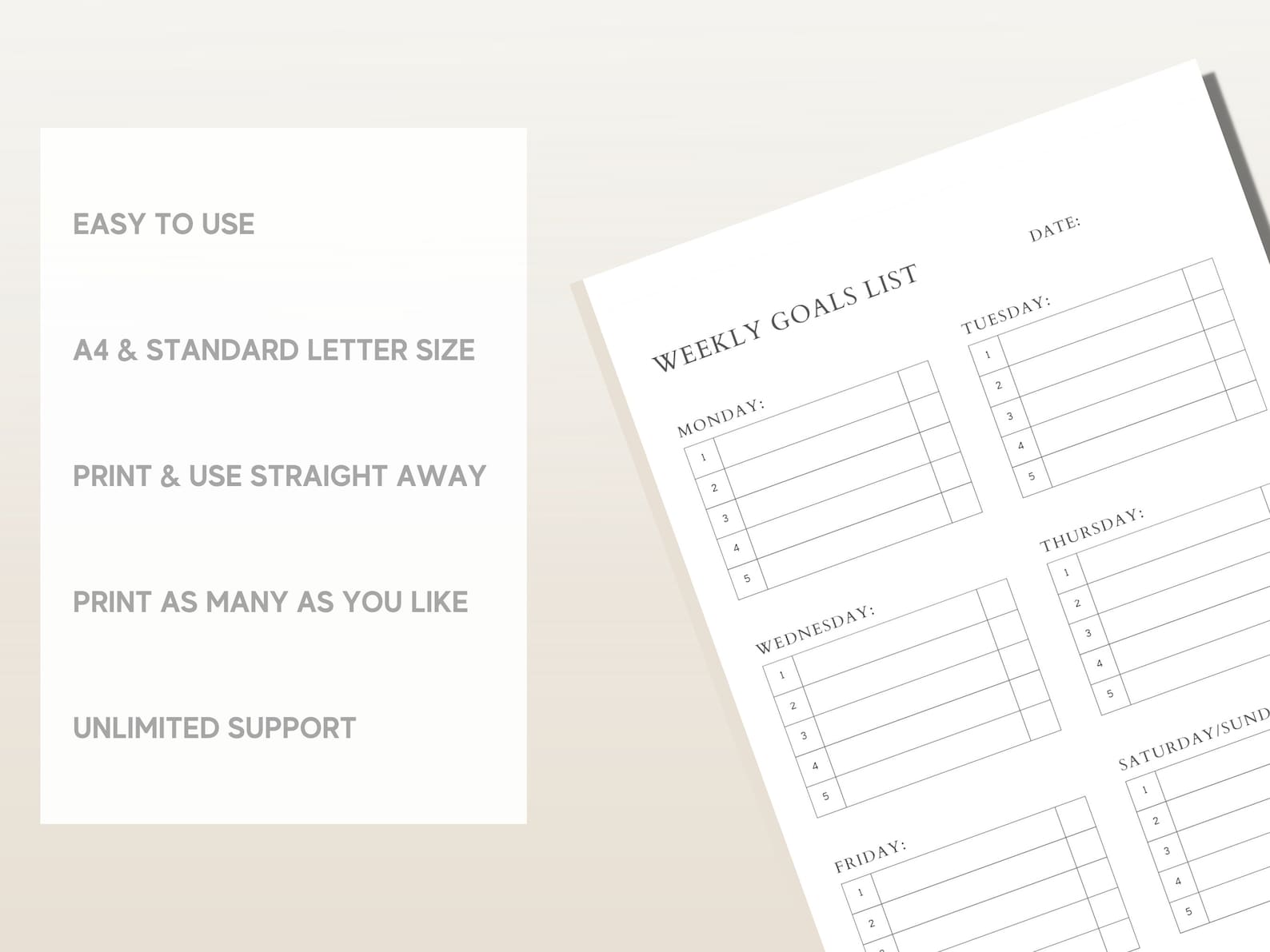 Weekly Goals List Planning Worksheet Printable Goal Planner Organiser ...