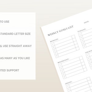 Weekly Goals List Planning Worksheet Printable Goal Planner Organiser ...