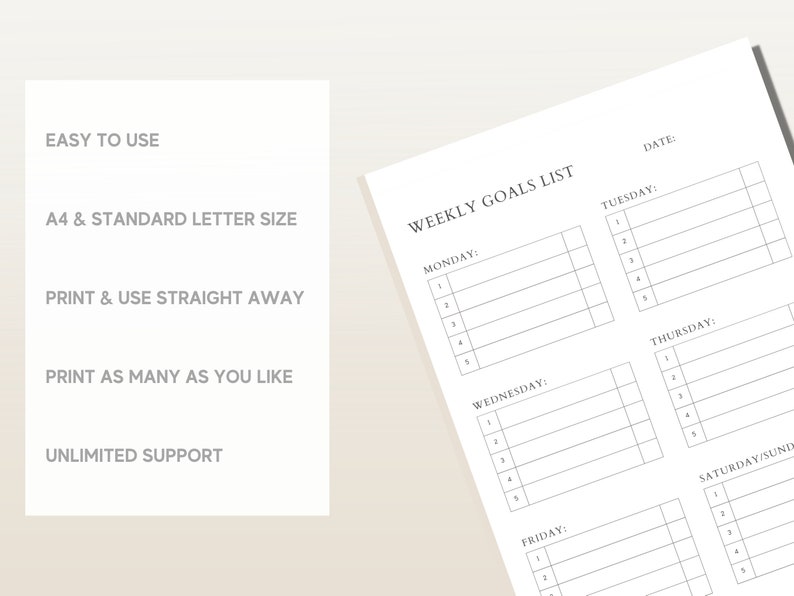 Weekly Goals List Planning Worksheet Printable Goal Planner Organiser ...