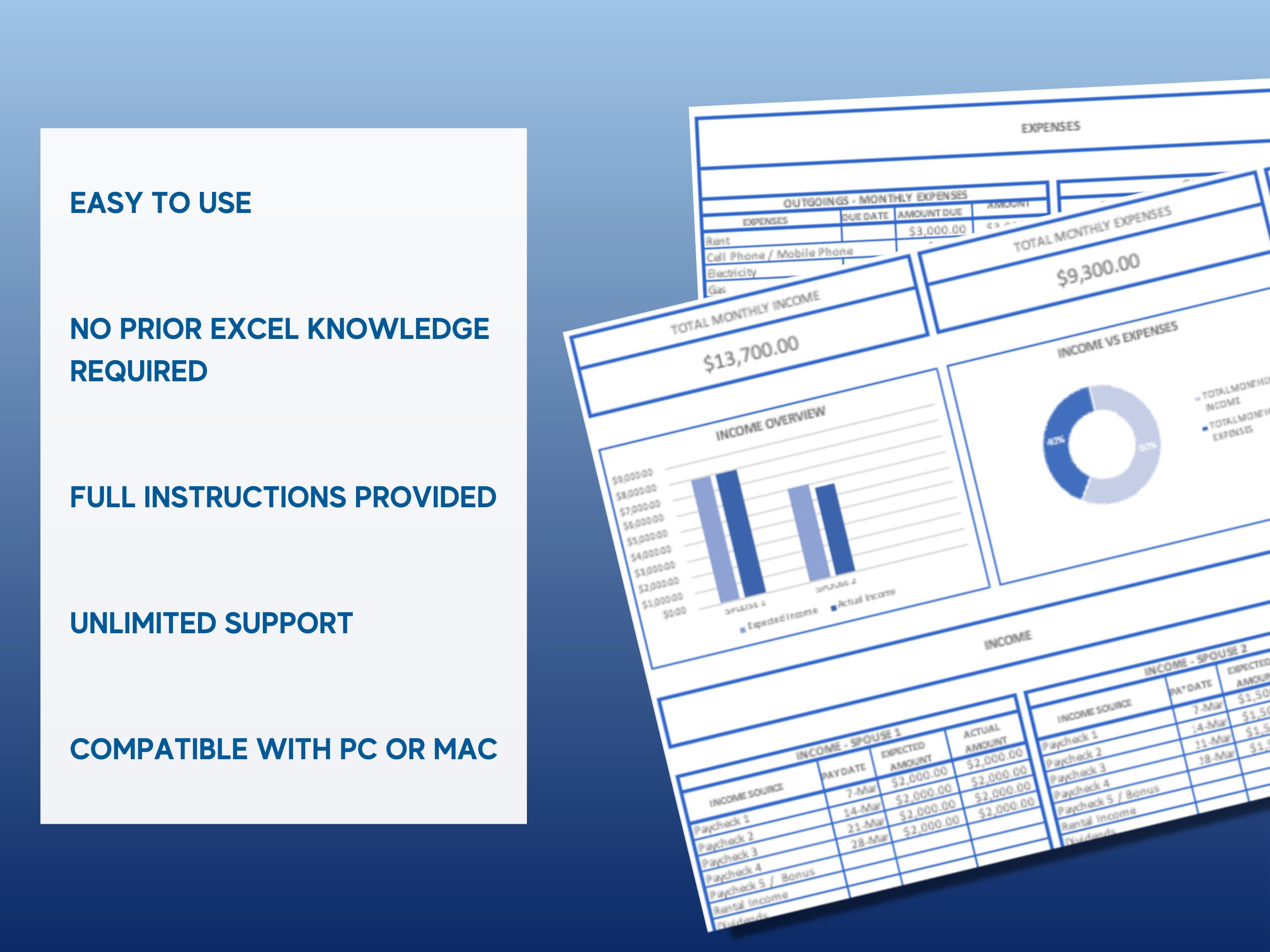 Monthly Budget Planner Spreadsheet - Blue | Easy Ready to Use Template ...