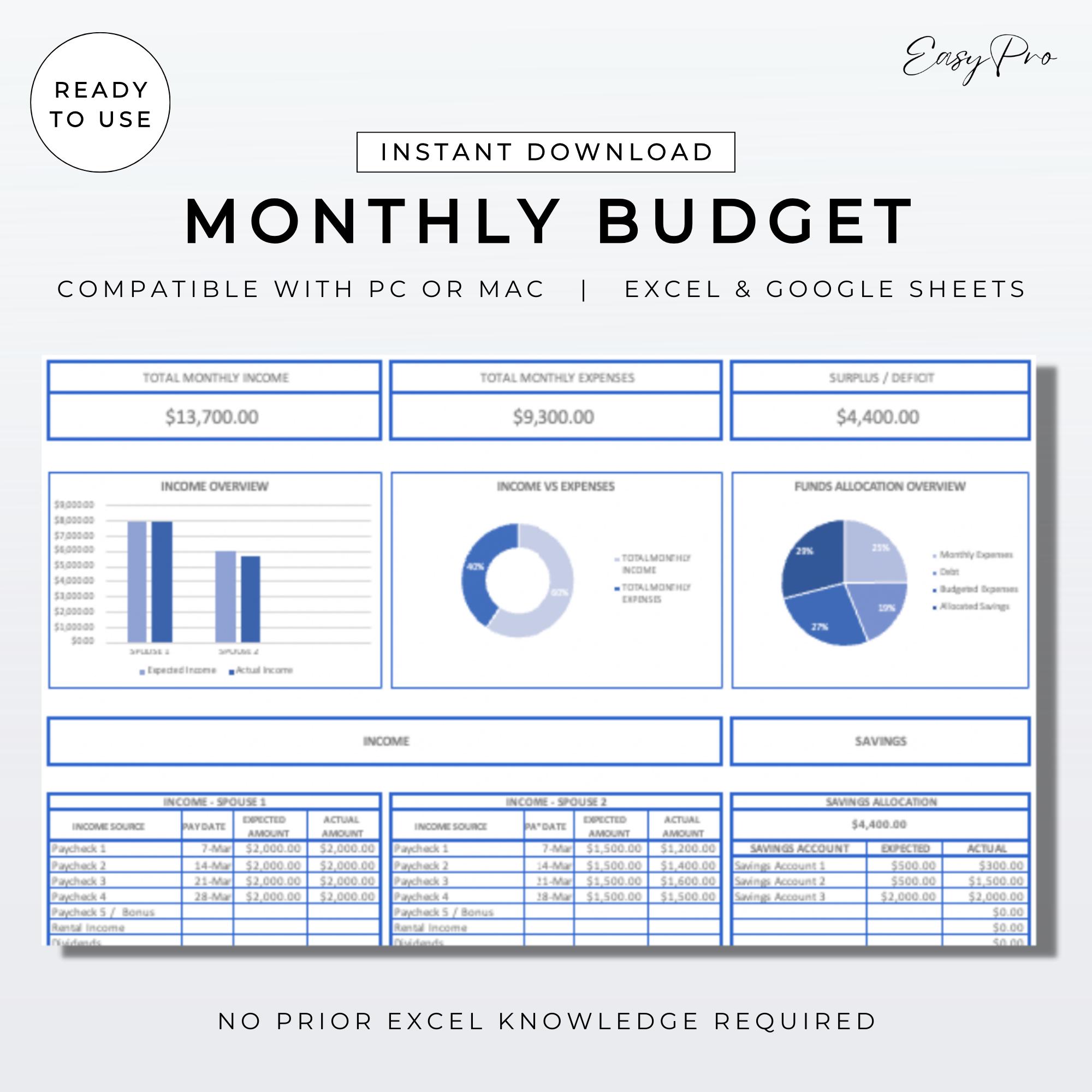 Monthly Budget Planner Spreadsheet - Blue | Easy Ready to Use Template ...