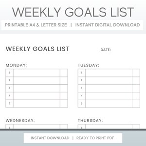 Weekly Goals List Planning Worksheet Printable Goal Planner Organiser ...