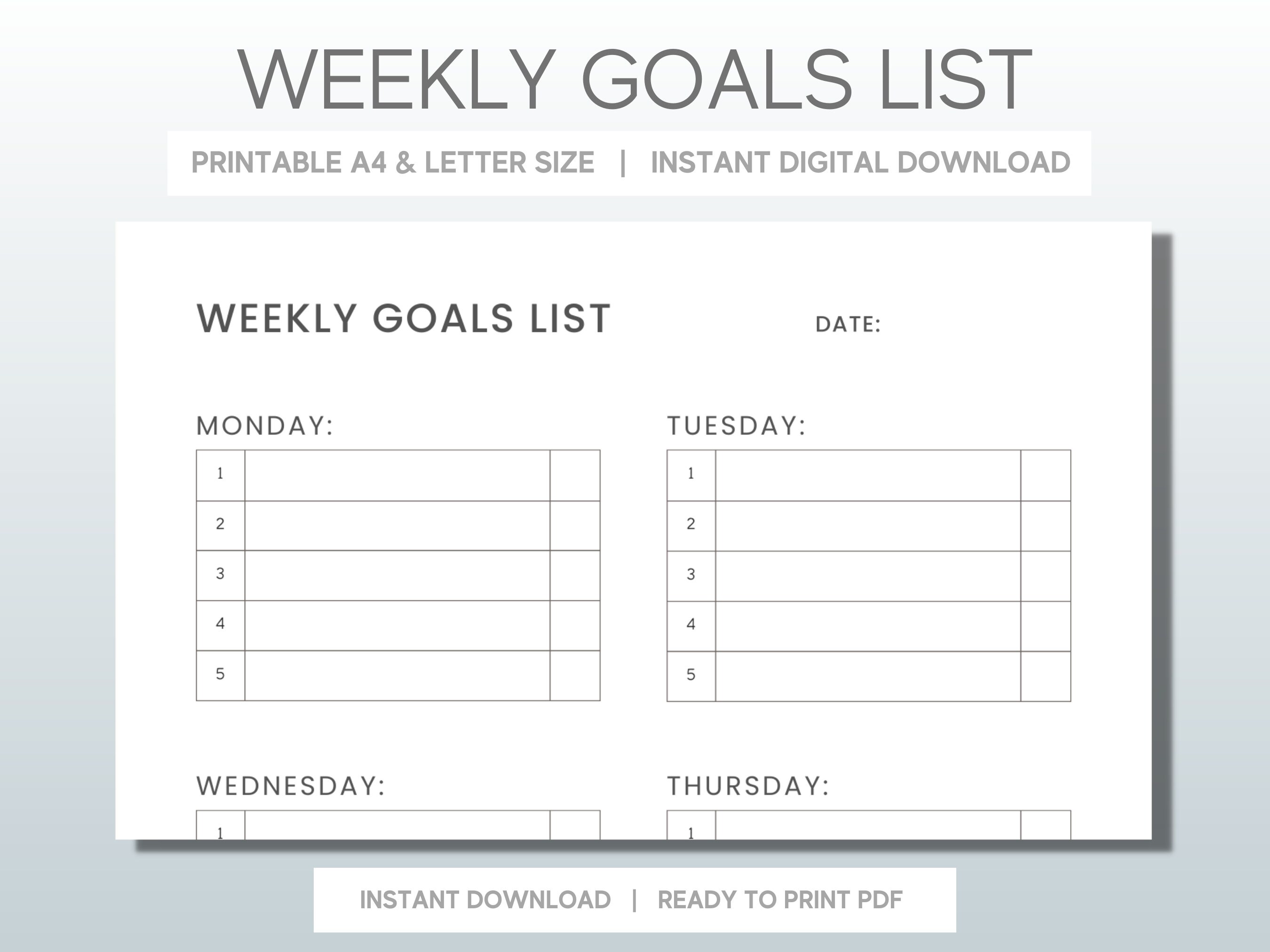 Weekly Goals List Planning Worksheet Printable Goal Planner Organiser ...