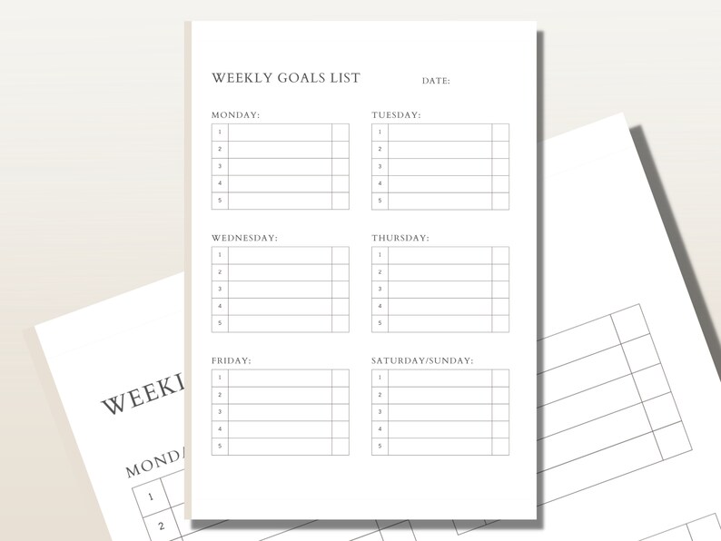 Weekly Goals List Planning Worksheet Printable Goal Planner Organiser ...
