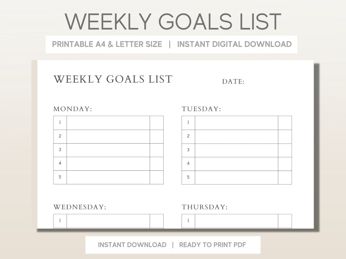 Weekly Goals List Planning Worksheet Printable Goal Planner Organiser ...