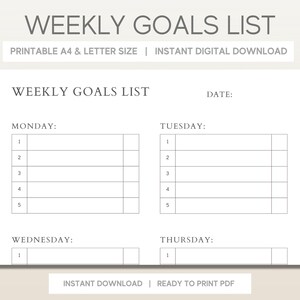 Weekly Goals List Planning Worksheet Printable Goal Planner Organiser ...