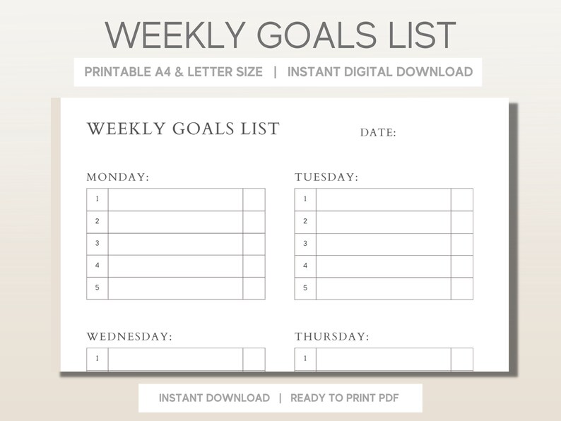 Weekly Goals List Planning Worksheet Printable Goal Planner Organiser ...