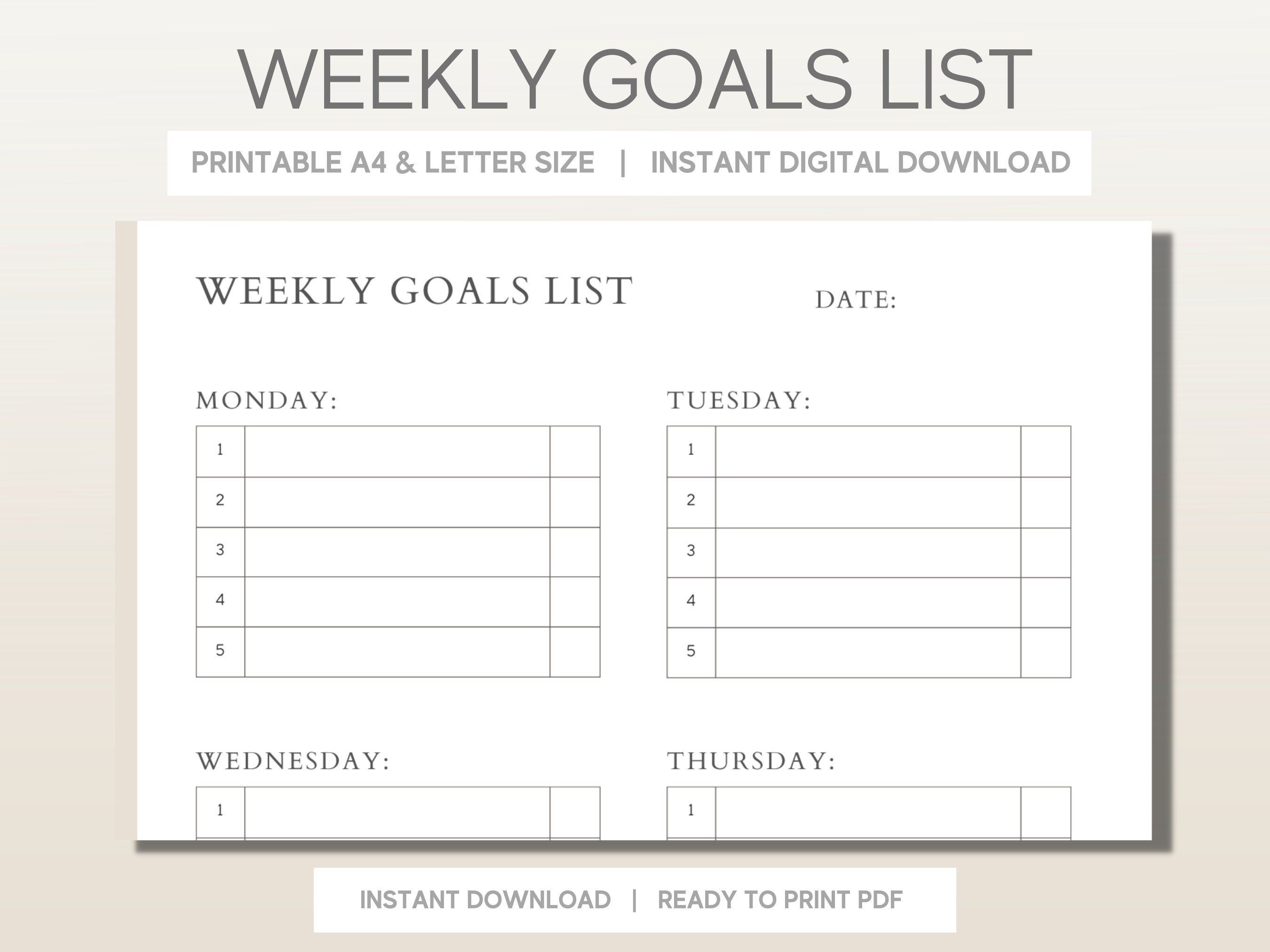 Weekly Goals List Planning Worksheet Printable Goal Planner Organiser ...