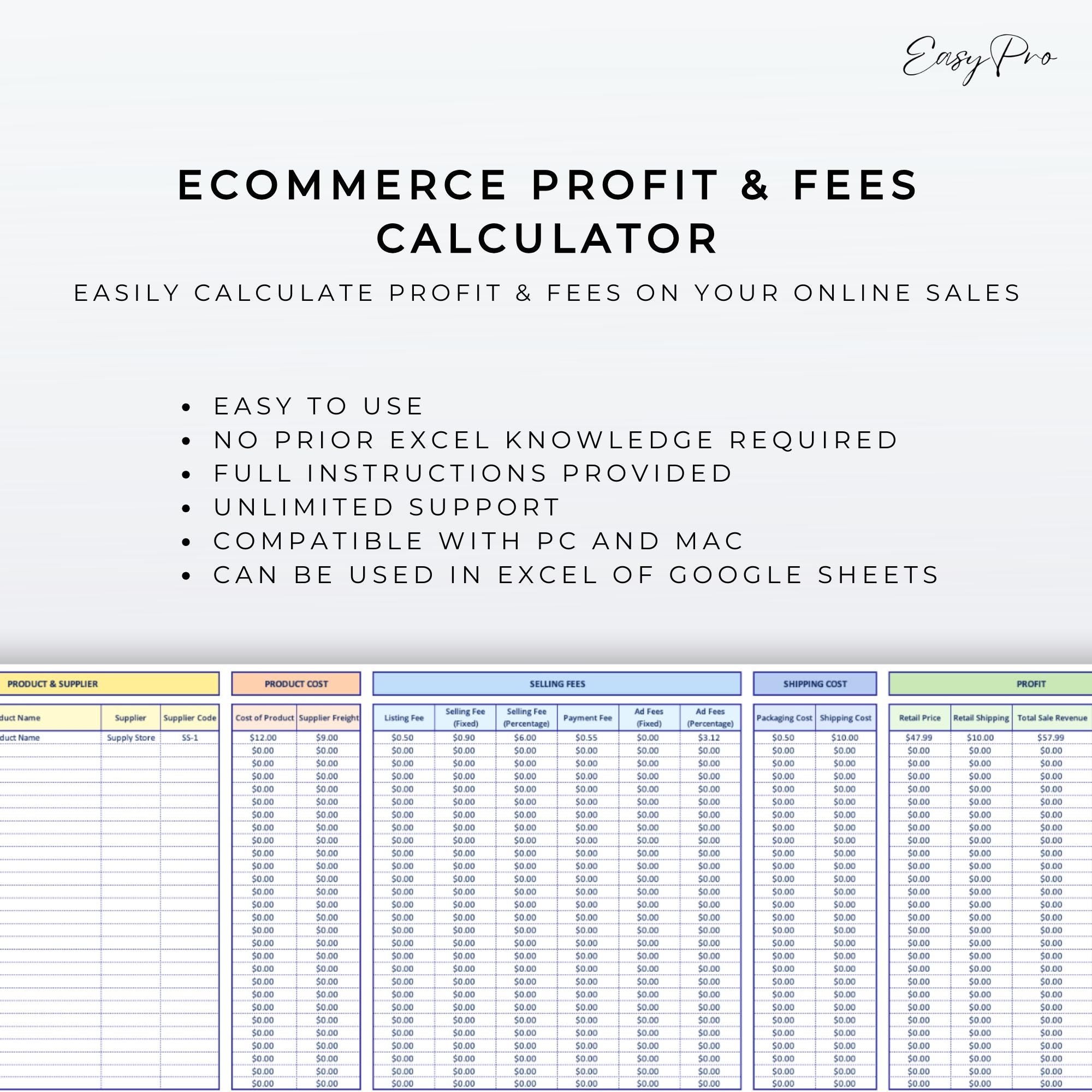 Ecommerce Product Profit & Fees Calculator Spreadsheet | Easy Ready to ...