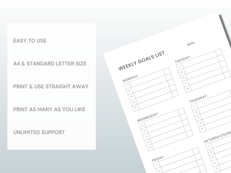 Weekly Goals List Planning Worksheet Printable Goal Planner Organiser ...