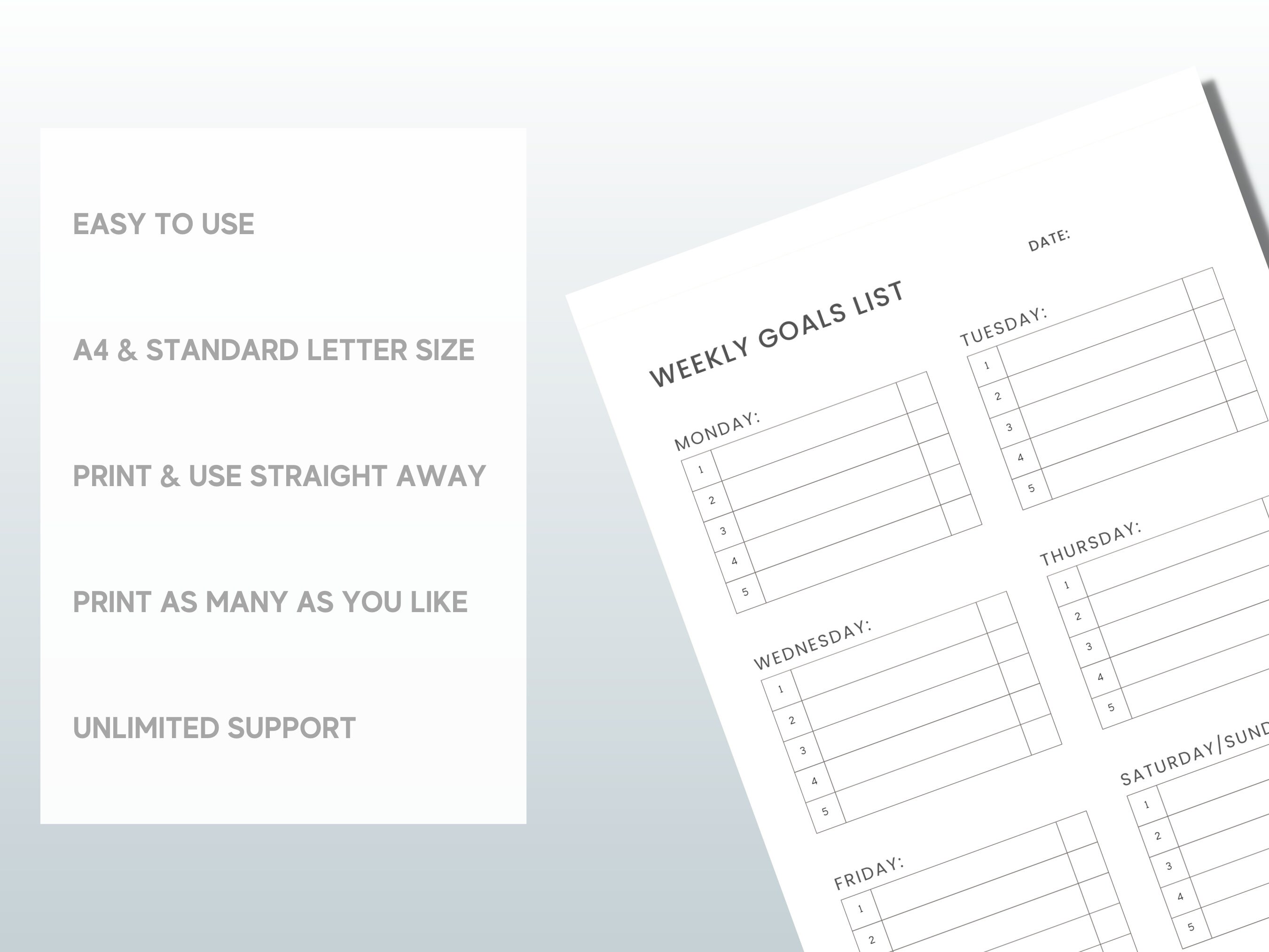 Weekly Goals List Planning Worksheet Printable Goal Planner Organiser ...