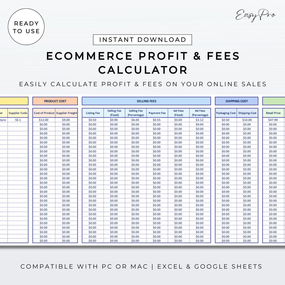 Ecommerce Product Profit & Fees Calculator Spreadsheet | Easy Ready to ...