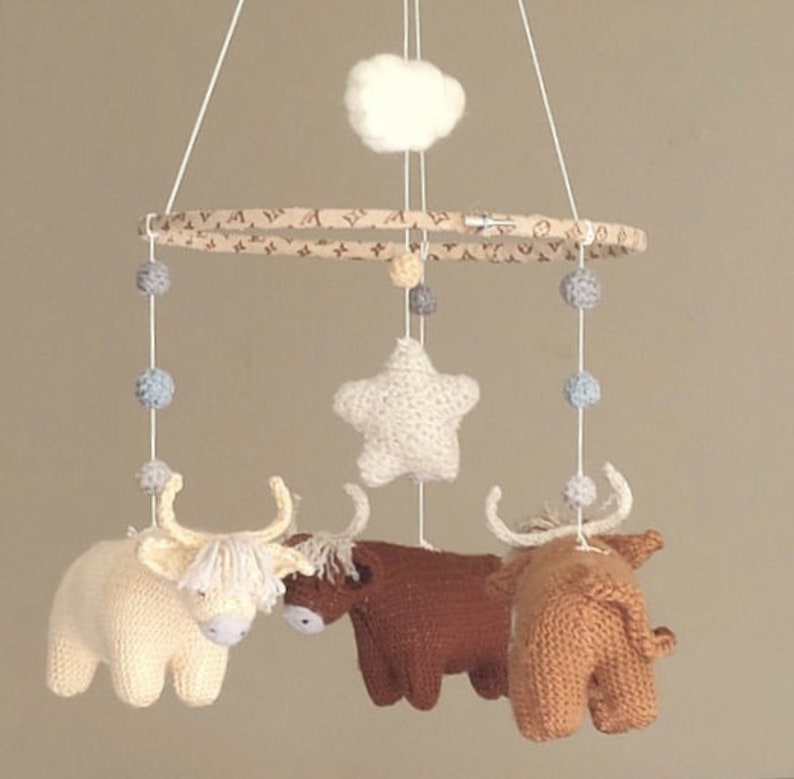Hand Knitted Highland Cow Baby Mobile Long Horn Cows Nursery Mobile ...