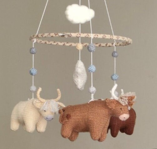 Hand Knitted Highland Cow Baby Mobile Long Horn Cows Nursery Mobile ...