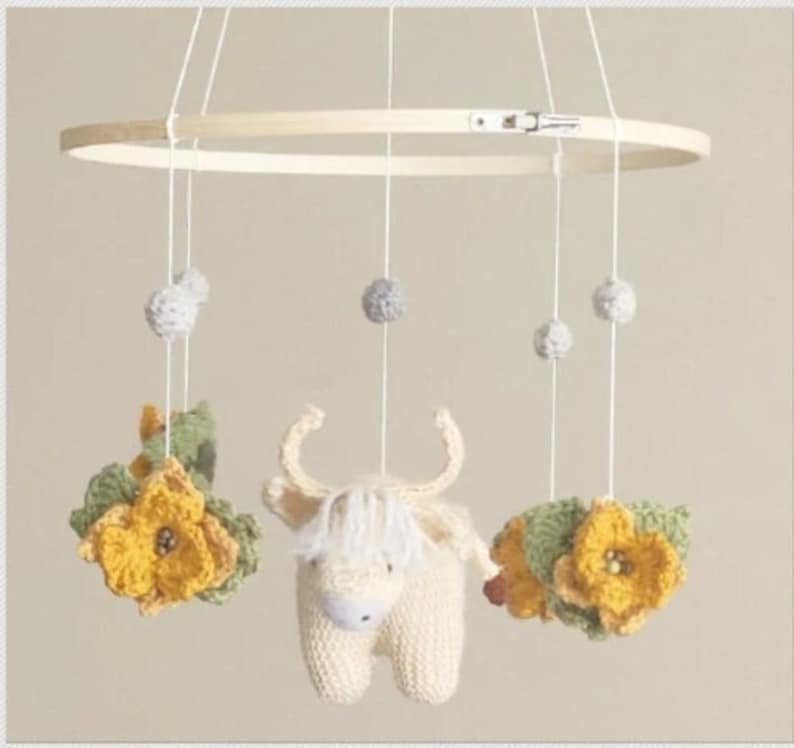 Flowers and Long Horn Highland Cow Baby Mobile Cattle Nursery Mobile ...
